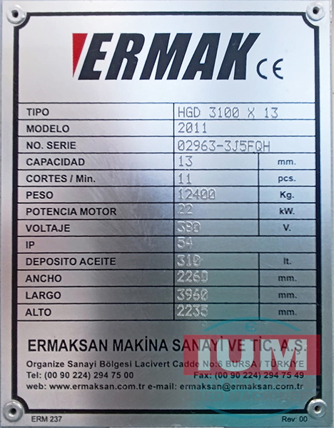 Maquinaria usada ORL-1886 CIZALLA HIDRÁULICA ERMAK HGD 3100 x 13 - Grupo Redima